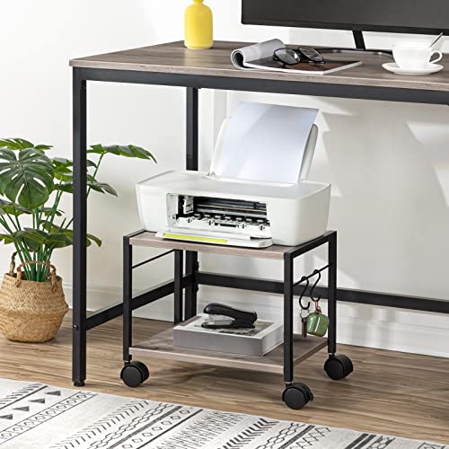 MAHANCRIS Under Desk Printer Stand, 2-Tier Printer Cart with Storage, Rolling Printer Table on Wheels and 2 Hooks, Printer Holder for Desk Shelf Organizer for Home Office, Greige PTHG2001Z