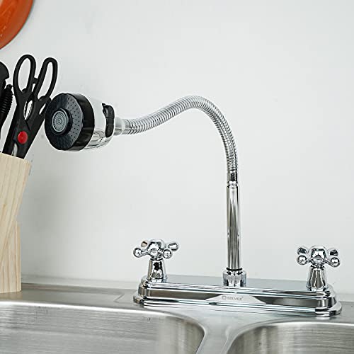 SOLVEX 2 Handle Kitchen Sink Faucet, High Arc 360 Swivel Stainless Steel Pipe 3 Hole Kitchen Faucet, Commercial Modern Chrome Kitchen Sink Faucet with Flexible Spout, SP-80202