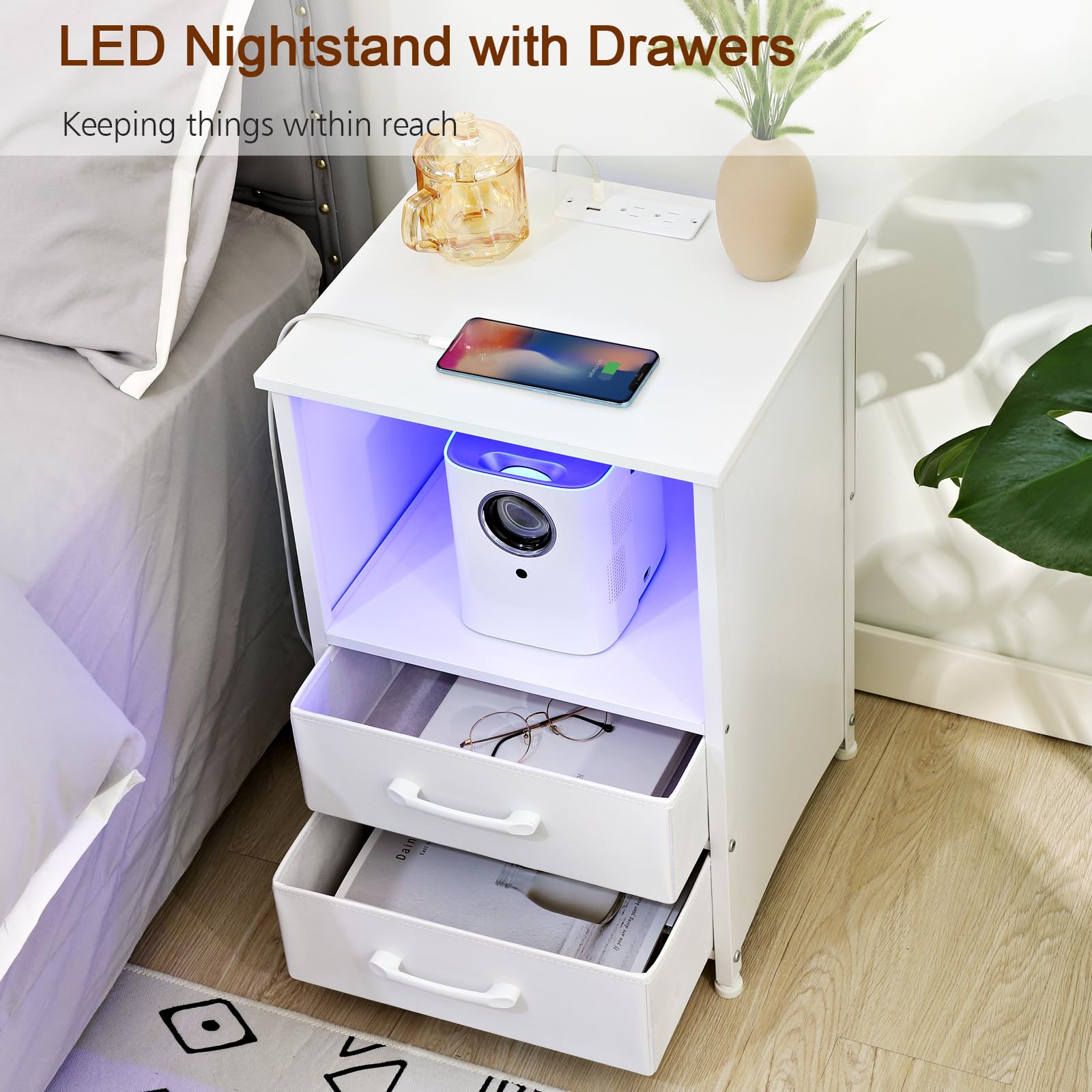LOAKEKEL White Night Stand Set 2, LED Nightstand with Charging Station, End Tables with 3 Fabric Drawers, Bedside Table with USB Type C Port and Outlets for Bedroom, HNS033WT