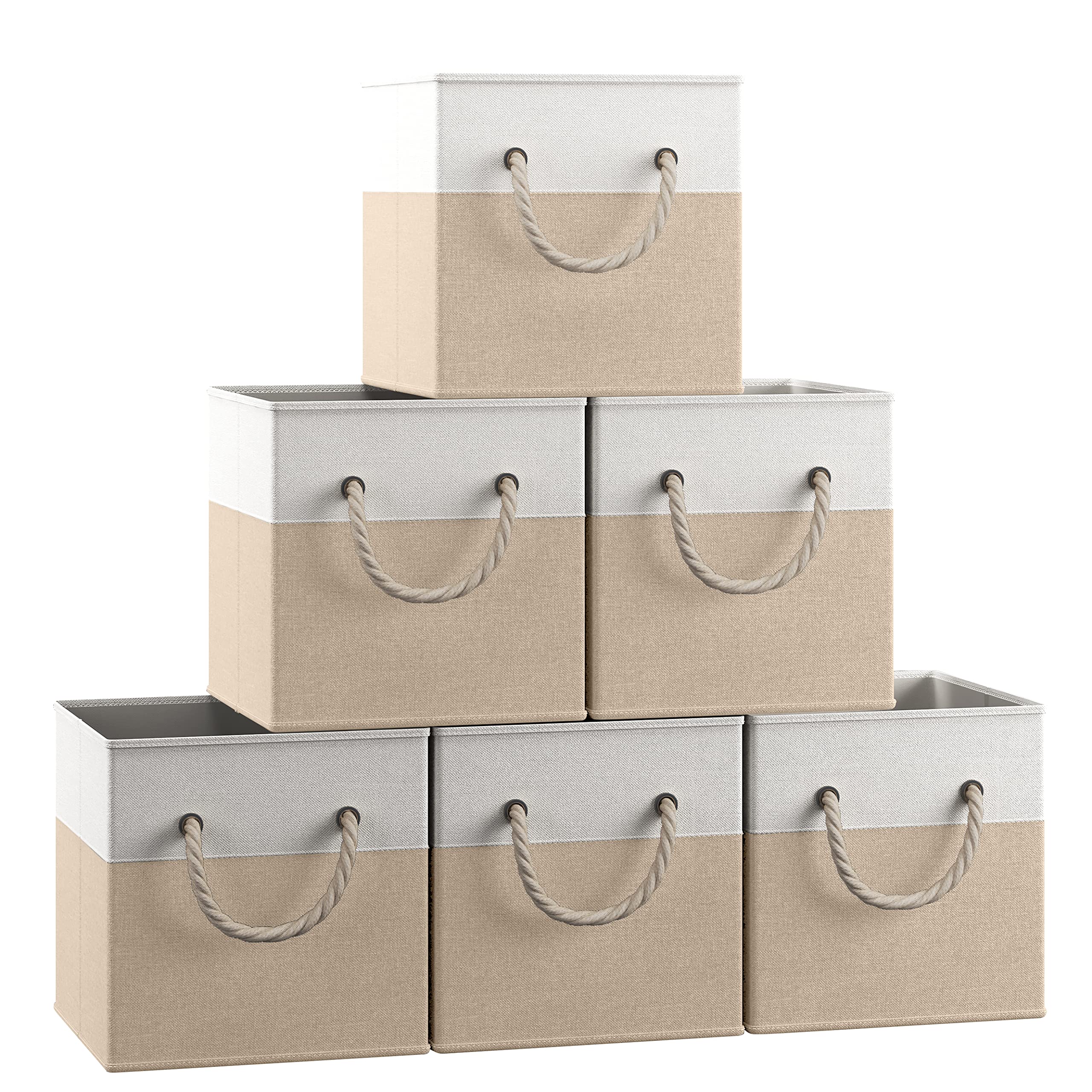 Ornavo Home Foldable Collapsible Storage Box Bins Linen Fabric Shelf Basket Cube Organizer with Rope Handles - Set of 6 - 13 x 13 x 13 - White/ Khaki