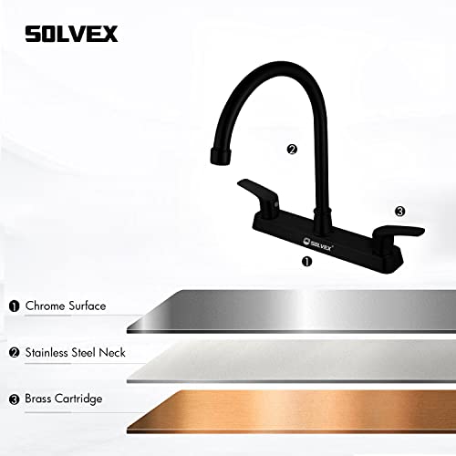 SOLVEX 2 Handle Kitchen Sink Faucet, Matte Black High Arc 360 Swivel Stainless Steel Pipe 3 Hole Kitchen Faucet, Commercial Modern Chrome Kitchen Sink Faucet, SP-80066-N