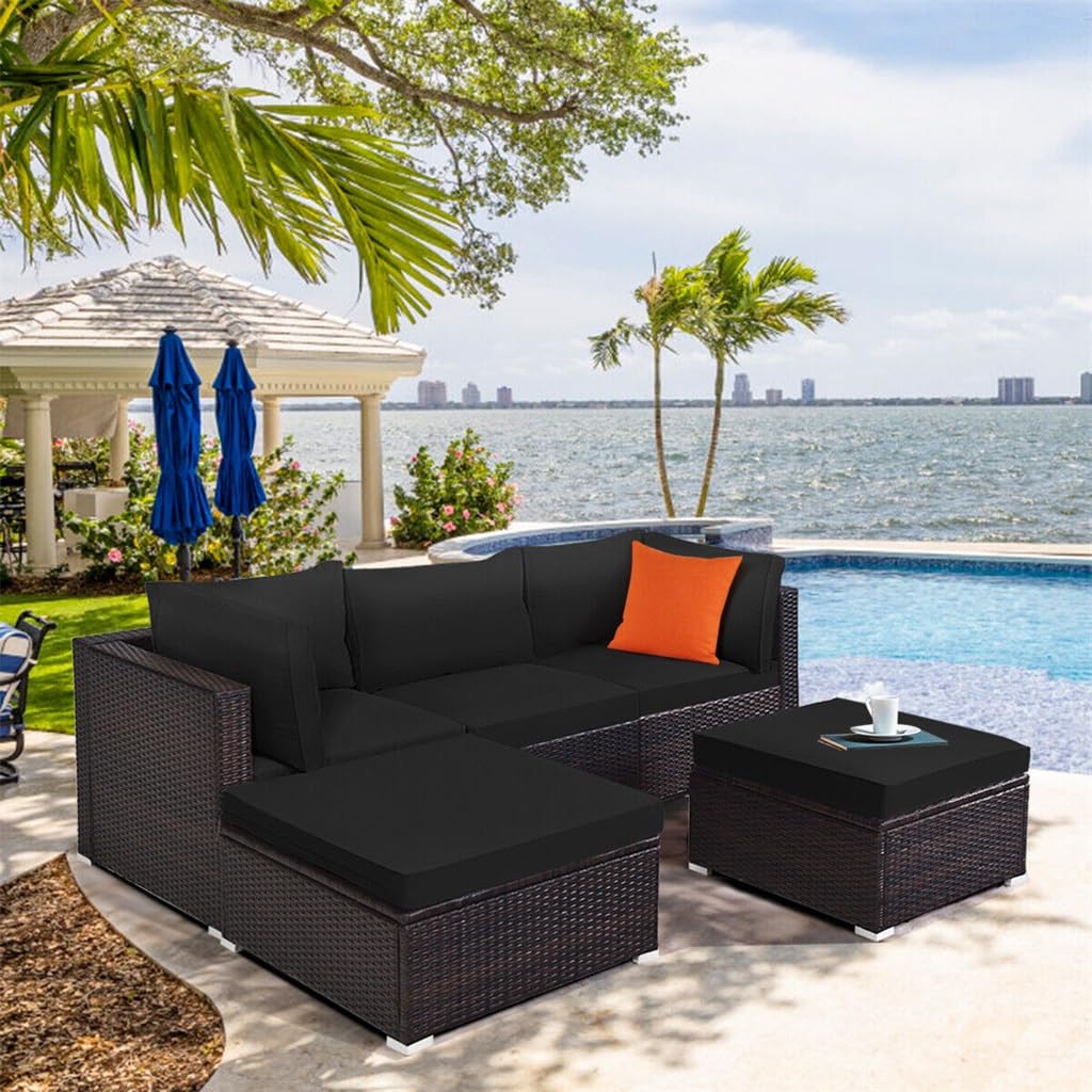 LIUZH 5PCS Patio Rattan Furniture Set Sectional Conversation Set Ottoman Table Black