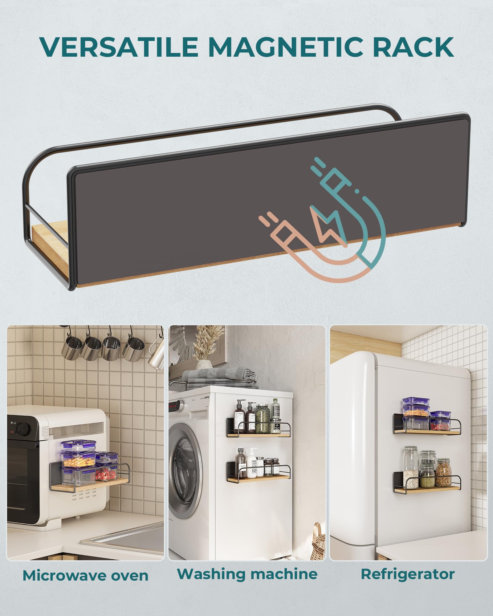 OROPY Magnetic Spice Racks for Refrigerator, Set of 4 Metal Kitchen Spice Organizer Shelf,Strong Magnetic Fridge Wood Holder