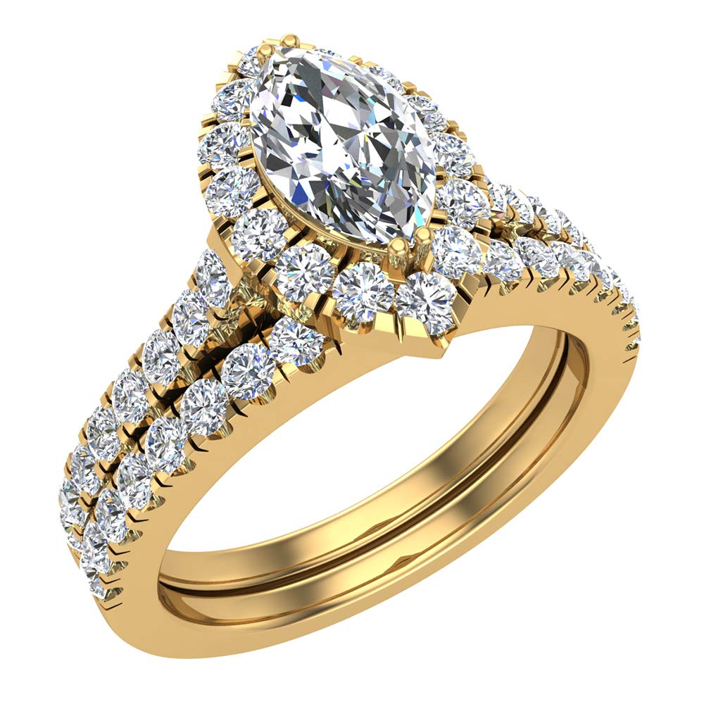 Marquise Cut Halo Diamond Wedding Ring Set 1.25 Carat Total 14K Gold (RS 7)