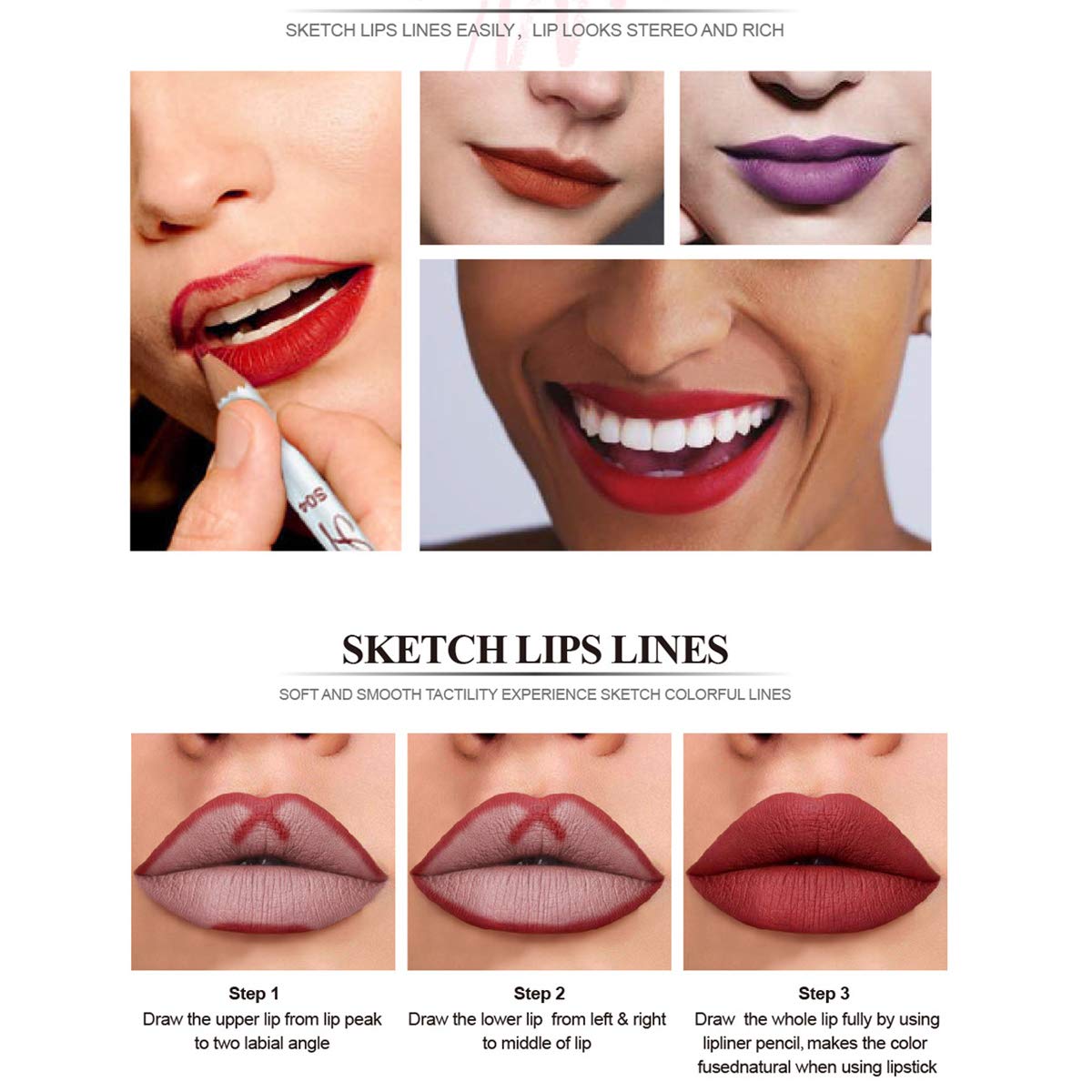 NICEFACE Lip Liner Pencil Set,12 Color Matt Smooth Waterproof lip pencil set lip pencil set, Natural Long Lasting Makeup Lip Liners