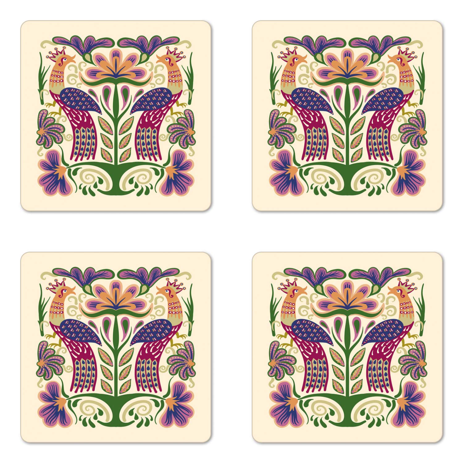 Lunarable Pheasant Coaster Set of 4, Ukrainian Folkloric Art with Birds and Flowers Cultural Ornamental Composition, Square Hardboard Gloss Coasters, Standard Size, Multicolor