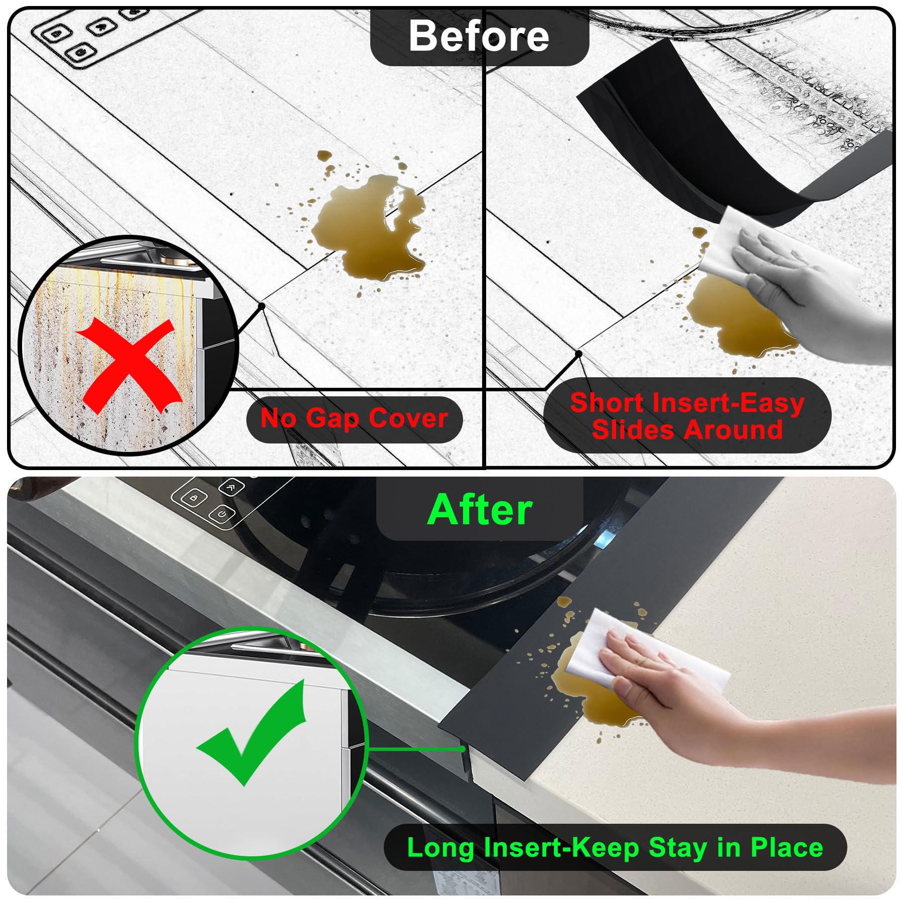 Silicone Stove Counter Gap Cover / Filler by Kindga 25" Long, Sealing Spills Between Kitchen Appliances Washing Machine and Stovetop, Set of 2 (Black)