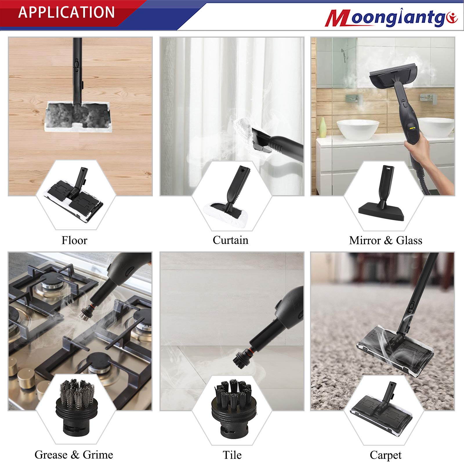 Moongiantgo 2000W Multipurpose Steam Cleaner Home Steam Cleaning Machine 1.5L Continuous Add Water for Kitchen House Chemical-Free Cleaning with Interchangeable Accessories (110V US Plug)