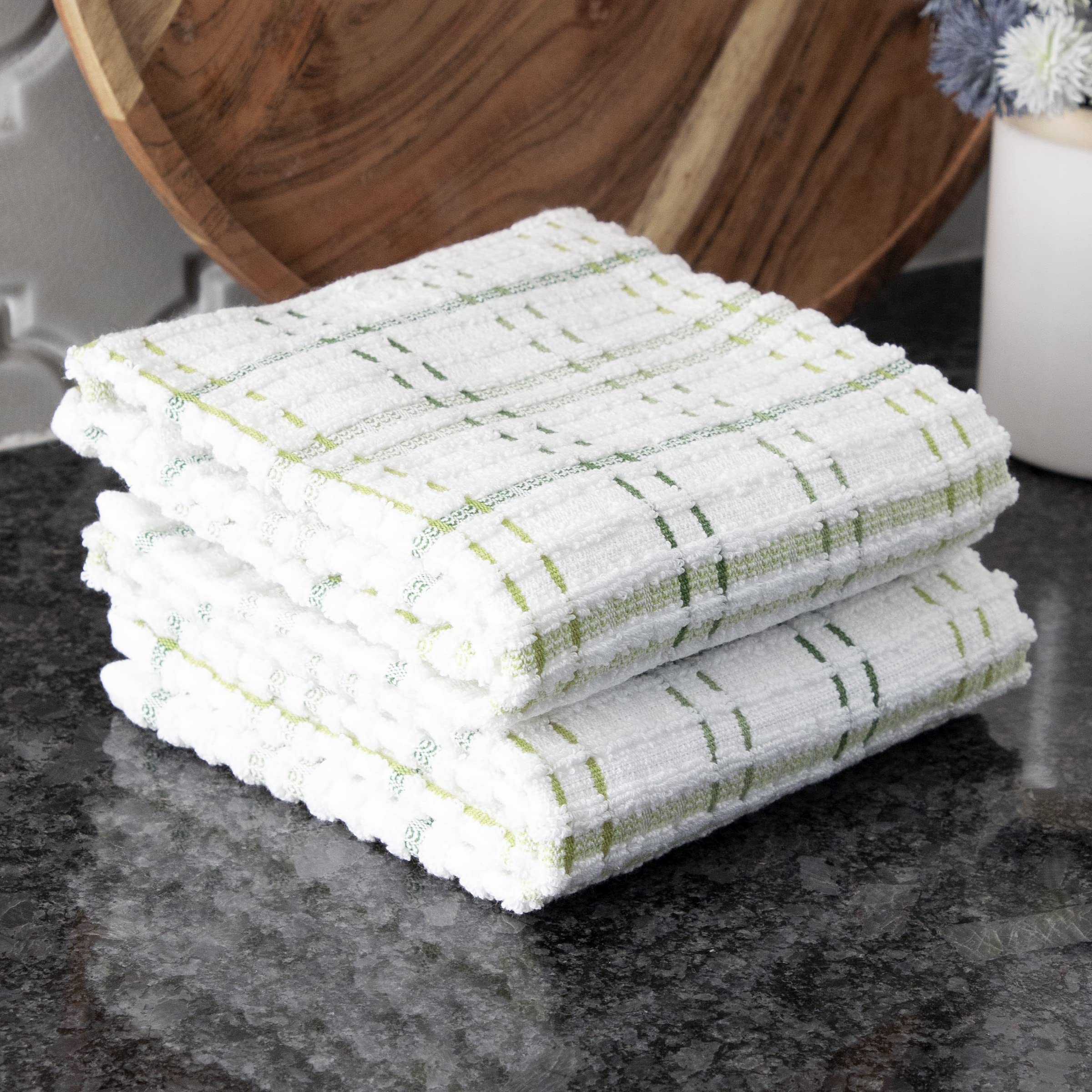 Ritz Royale Collection 100% Combed Terry Cotton, Highly Absorbent, Oversized Kitchen Towel Set, 28" x 18", 2-Pack, Checked, Cactus Green