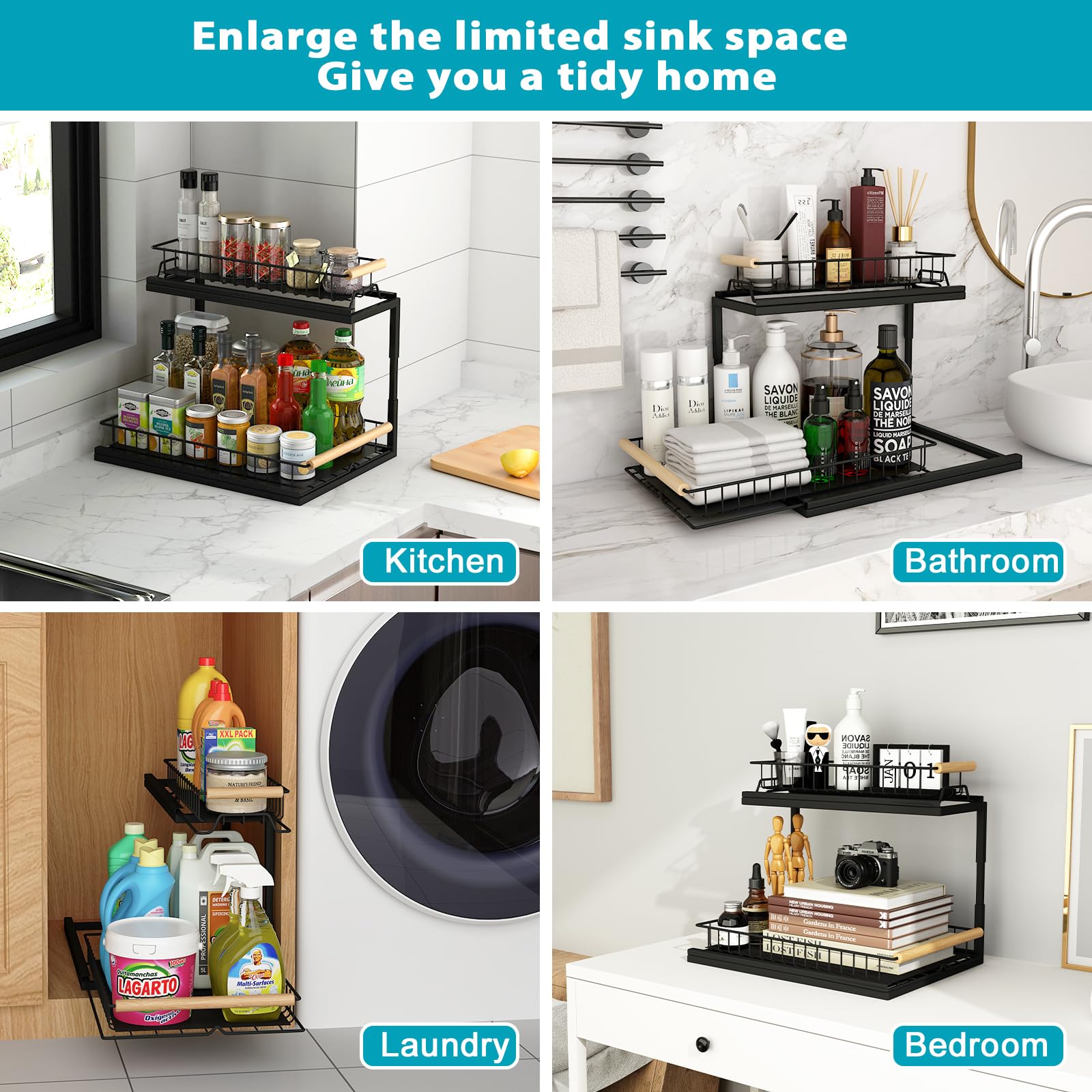 NADAMOO Under Sink Organizers and Storage, Pull Out Cabinet Organizer with 2 Sliding Drawers, 2 Tier Multi-use Under Sink Shelf Rack for Kitchen Bathroom Laundry Organization