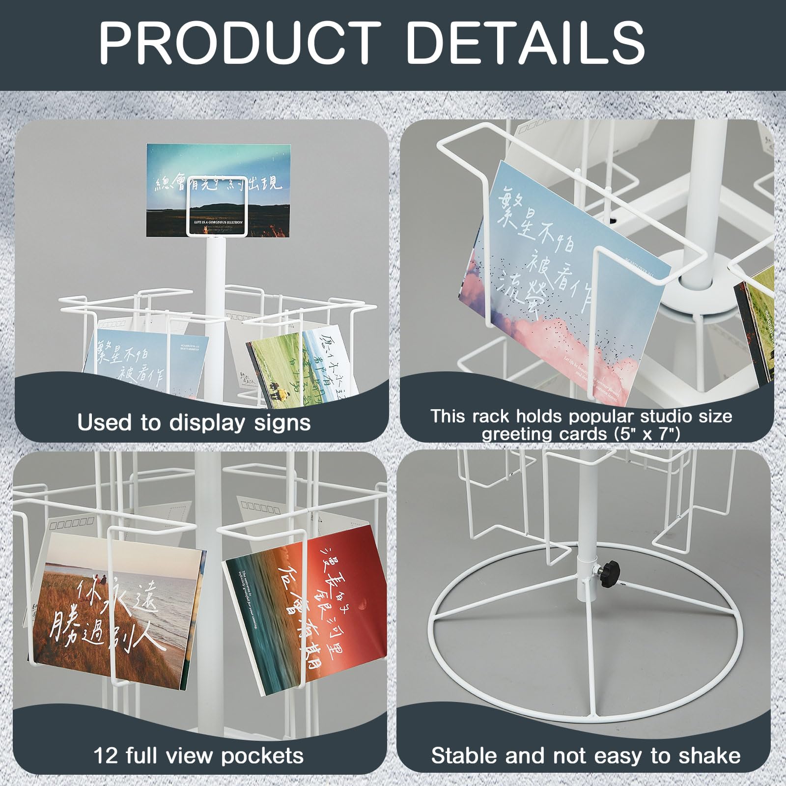 Zonon 2 Pcs 12 Pocket 3 Tier Metal Rotating Card Display Stand for 5"x7" Cards Rotating Countertop Greeting Card Rack Spinning Postcard Greeting Card Holder for Grocery Stores Retail Floor Showcase