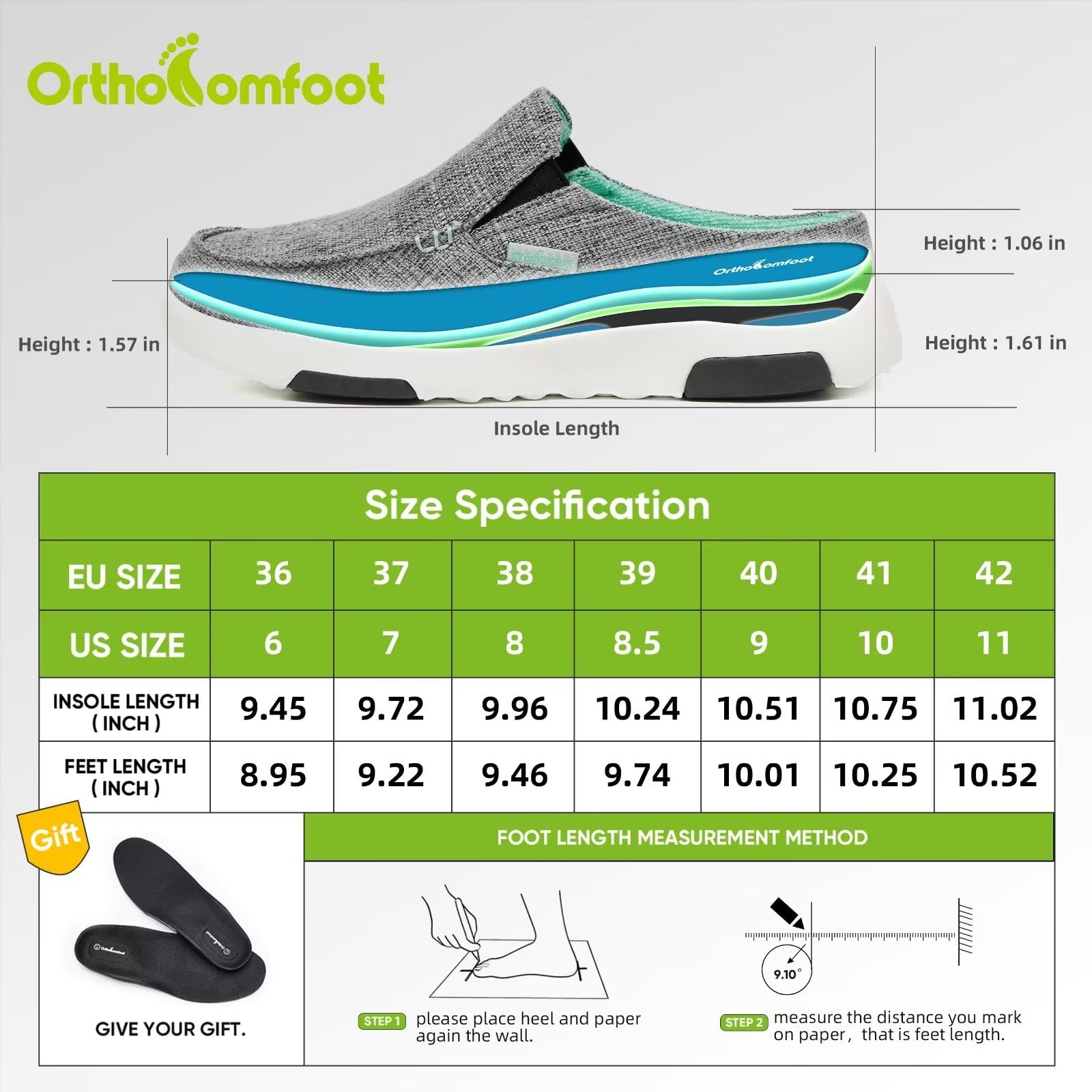 OrthoComfoot Canvas Loafer for Womens, Plantar Fasciitis Slippers for Flat Feet,Ladies Comfortable Athletic Walking Shoes Grey Green Size 9.5