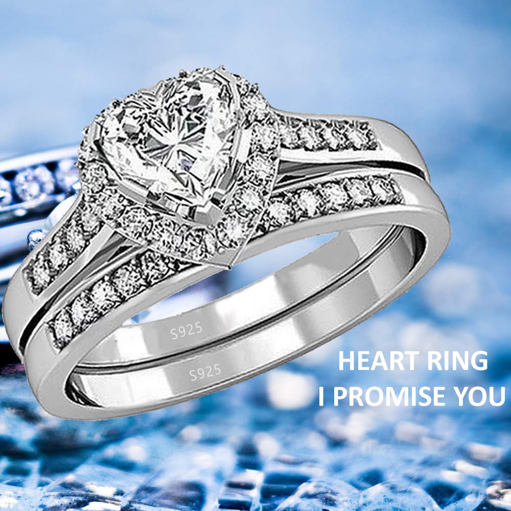 MABELLA Sterling Silver Cubic Zirconia Promise Rings Women Wedding Band Heart Engagement Ring Bridal Set
