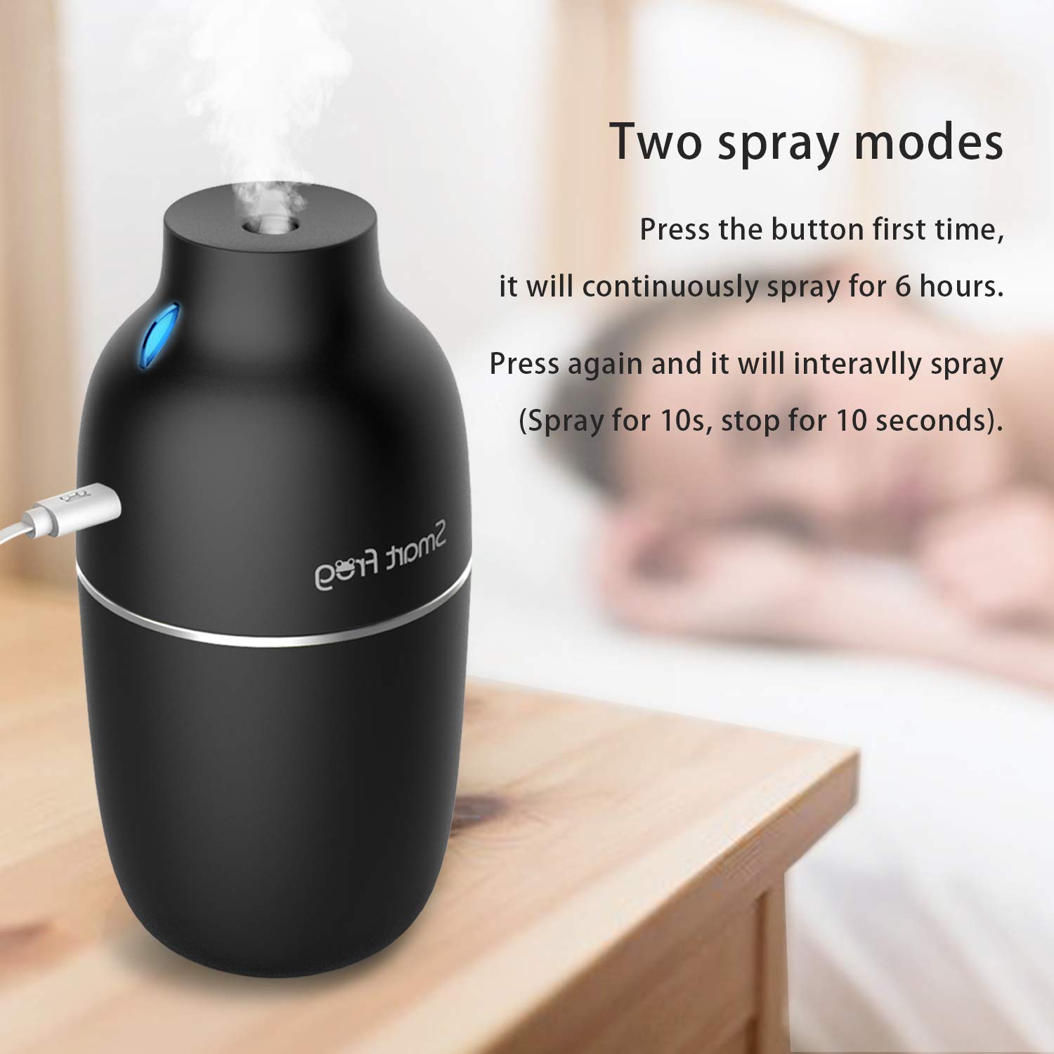 Mini Humidifier, Portable Quiet and Ultrasonic Cool Mist Humidifier with 2 Mist Modes, Auto Shut-Off, Filterless, Can be Used in Bedroom, Home, Office (Black, 180ML)