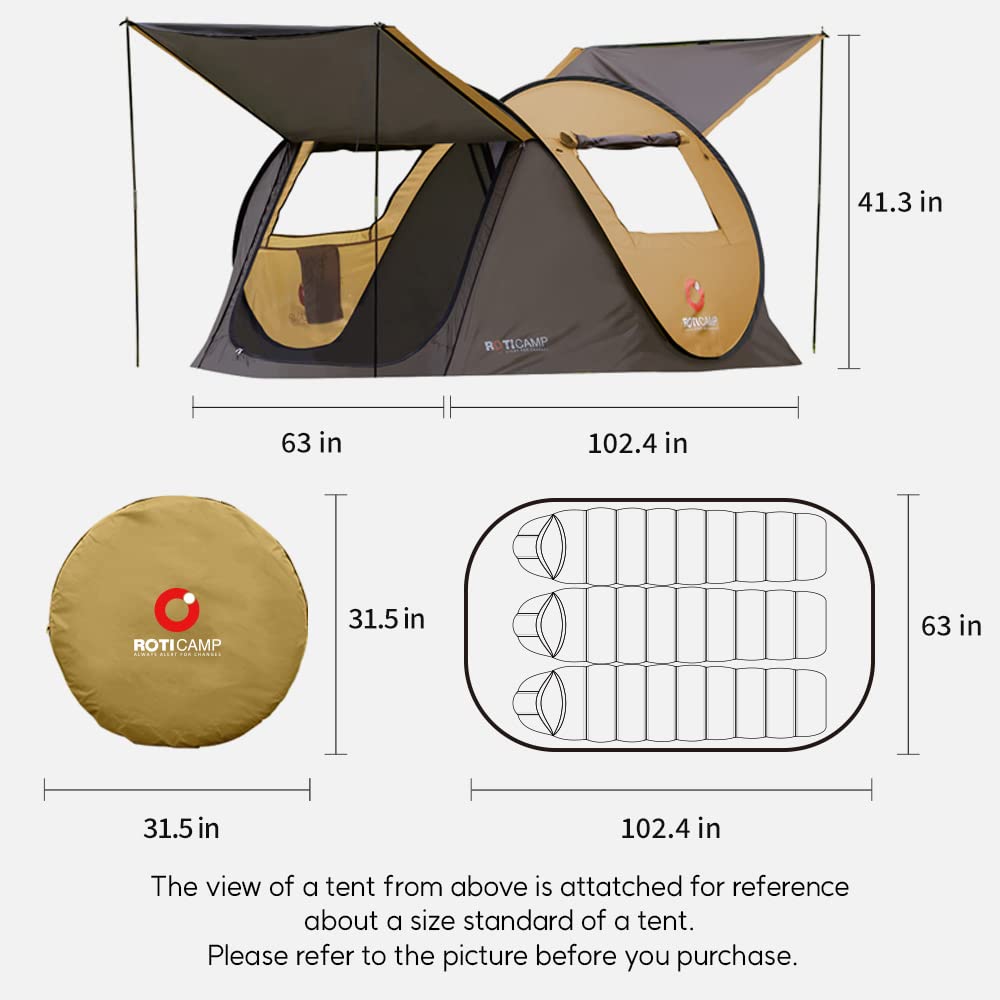 ROTICAMP Canopy Camping Tent Pop Up Tent 3-4 Person, Automatic Setup, Instant Tents for Camping, Hiking & Traveling, Olive Khaki