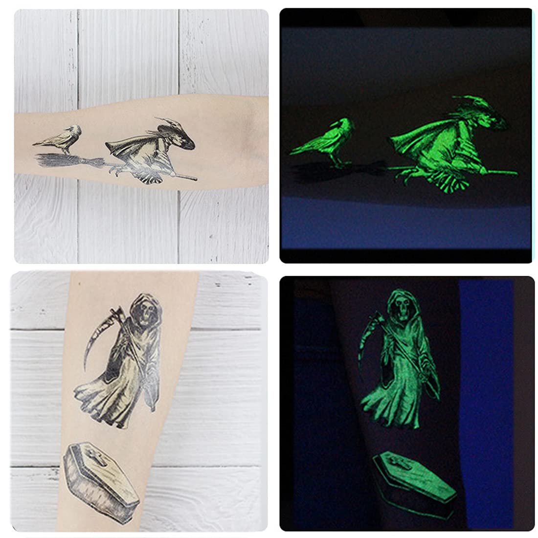 Ooopsiun Luminous Halloween Temporary Tattoos for Kids - 80 Black Styles Glow in The Dark Halloween Tattoos Party Favors Decorations for Boys Gilrs