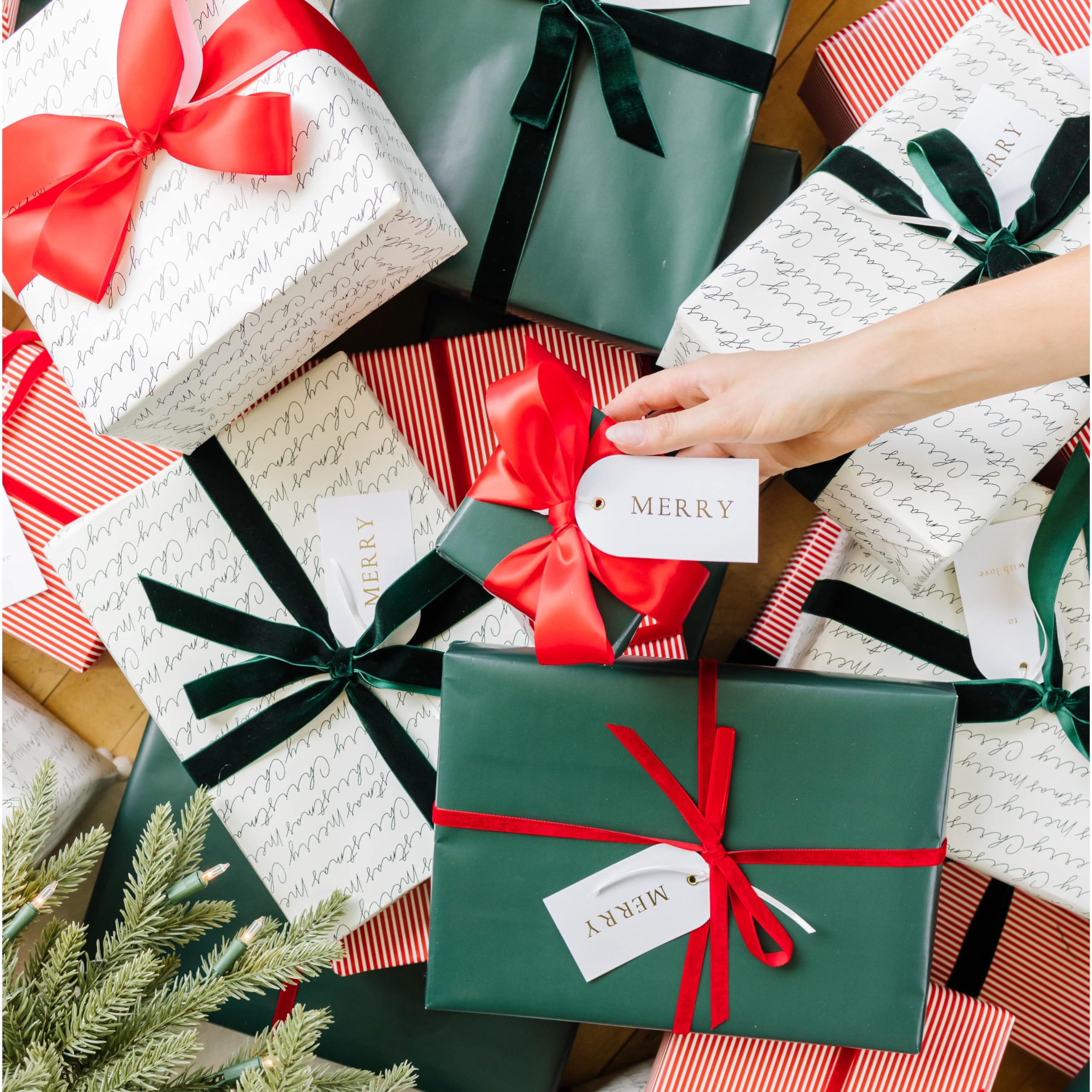 Merry Market 3-pack Premium Satin Christmas Wrapping Paper, Minimal Holiday Gift Wrap, Red Stripe, Solid Green and Merry Christmas - 30β x 168β per roll, 105 square feet total