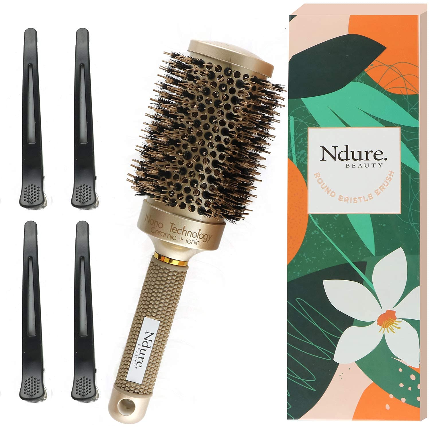 Ndure Beauty Round Hair Brush for Blow Drying, Single Brush with 4 Hair Clips Included, Ceramic & Ionic Tech Hair Brush with Boar Bristles, Round Barrel Brush for Styling, Curling and Straightening