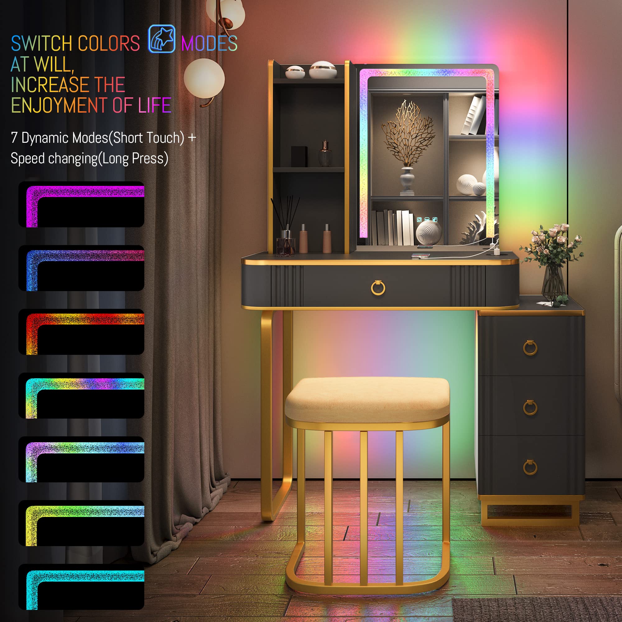 LVSOMT Vanity Desk with Mirror and Lights, Vanity Table with Drawers, Makeup Vanity Desk with Stool, Makeup Table with 3 Lighting Modes, Dressing Table for Bedroom, White