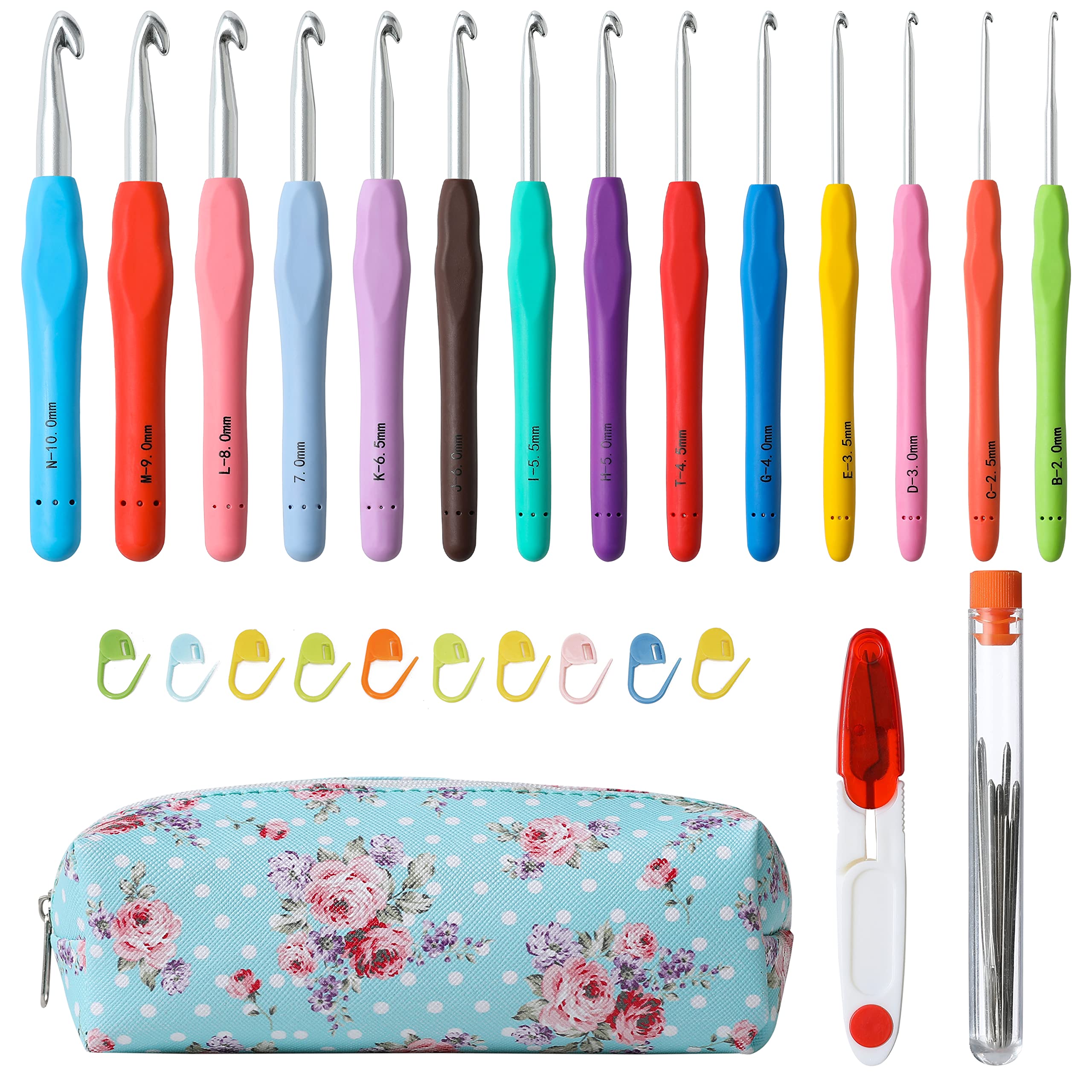 SHAXANO Crochet Hooks Set 2mm (B) - 10mm (N), Extra Long Crochet Needle with Ergonomic Soft Grip, 14 Sizes Crochet Hooks Kit for Beginners and Arthritic Hands