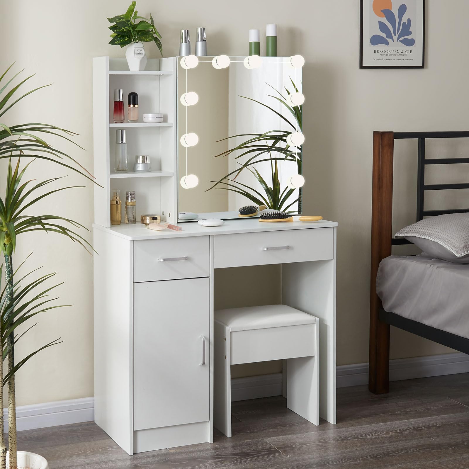 Lucaseone White Vanity Desk with Mirror and Lights,Makeup Vanity with Drawers and Storage Shelf, Vanity Table 3 Lighting Modes Brightness Adjustable for Bedroom (Modern 3071)
