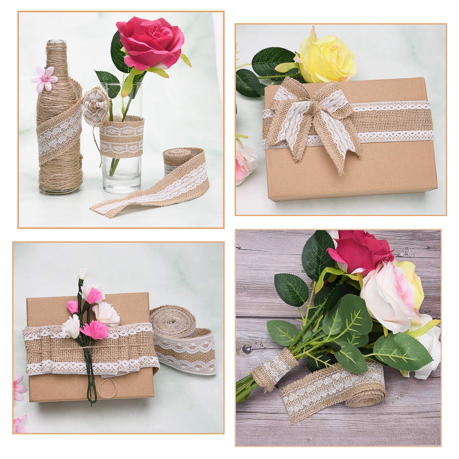 Livder 6 Rolls 2 Inch Width Natural Jute Burlap Ribbon with White Lace for DIY Home Decoration, Wedding Party and Gift Packaging