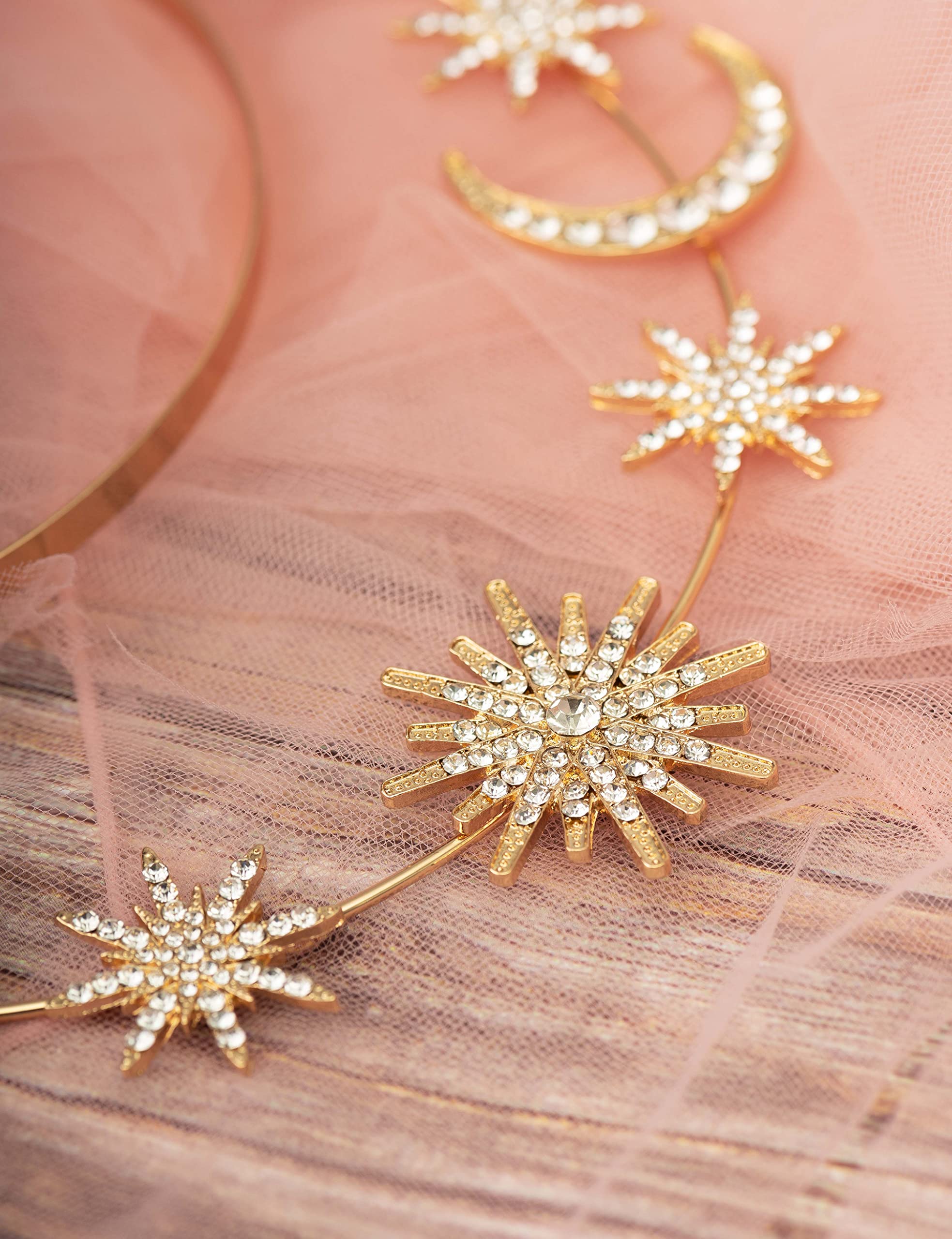 Star and Moon Halo Crown Goddess Crown Celestial Headband Starburst Halo Wedding Bridal Prom Tiara (2-Gold)