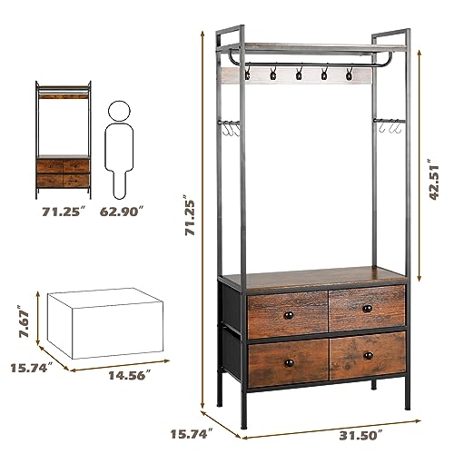 YIGOBUY Free Standing Coat Rack Hall Tree with Industrial Garment Rack with Shelves Drawers and Hooks, Small Clothes Rack for Bedroom, Living Room,Entryway Rustic