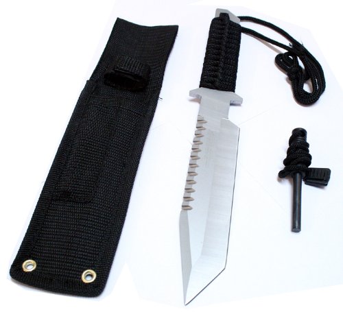 Lastworld 11" Silver Full Tang Hunting Knife with Fire Starter & Sheath
