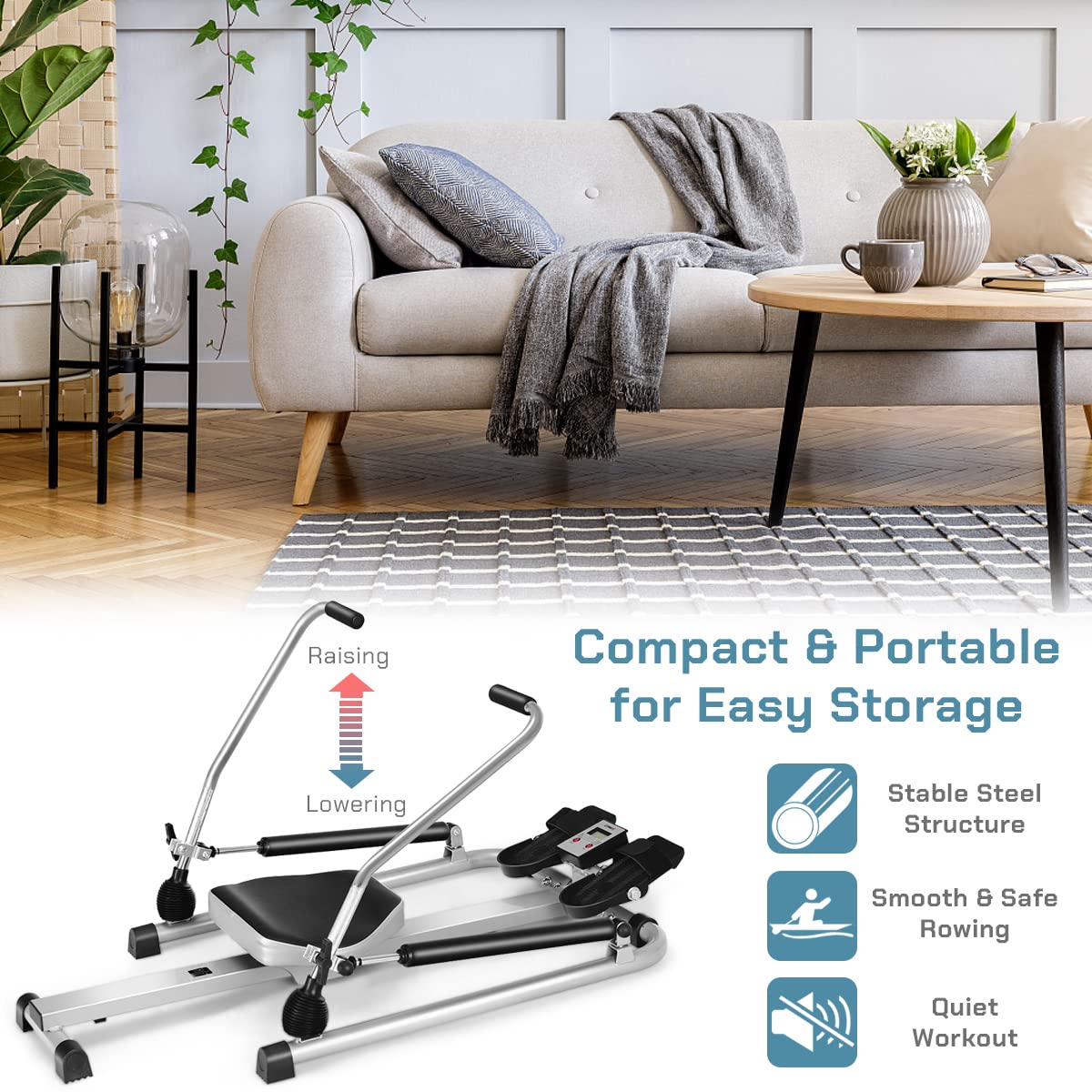 Rowing Machines for Home Use SPORFIT Compact Portable Folding Rower Machine with 12 Level Adjustable Hydraulic Resistance & LCD Monitor, Soft Seat Row