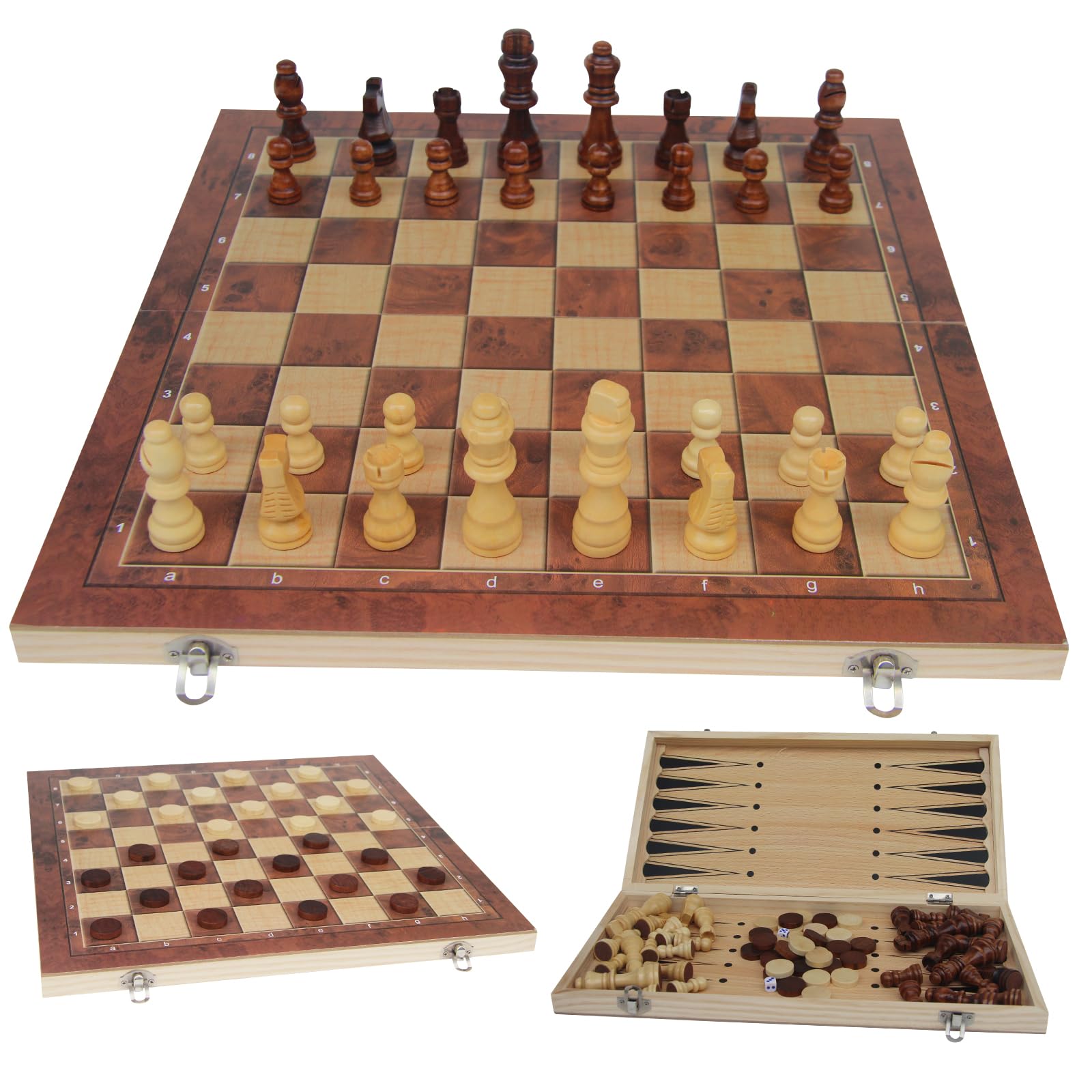 LOGICLORD Chess Backgammon 3-in-1 Board Games Sets 15β Lightweight Checkers Board Game,Strategy Backgammon Sets for Adults,Travel Storage Box Chess