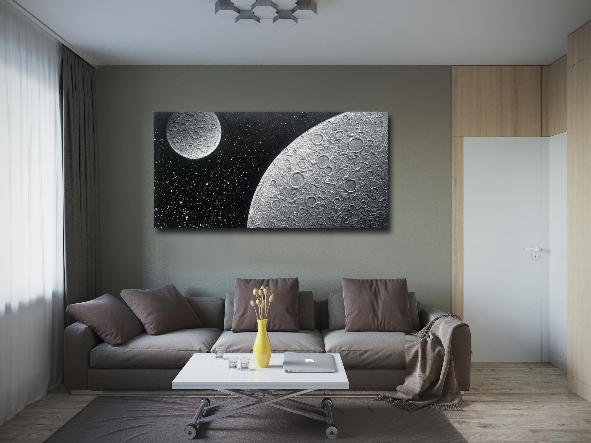 Landswaydecor Black and Grey Wall Art Moon Surface Canvas Oil Painting Home Decor Hand Painted Modern Textured 3D Artwork for Bedroom Living Room