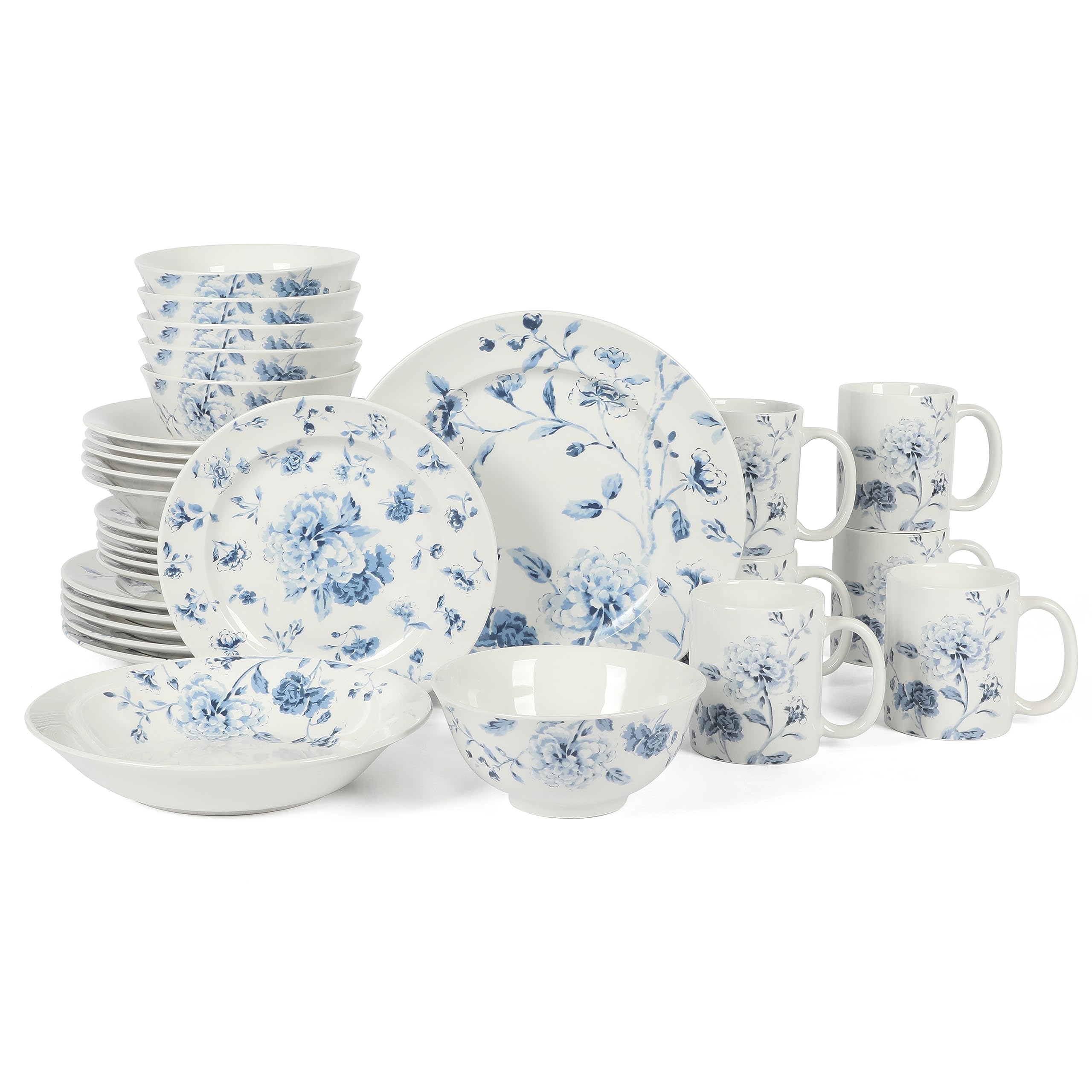 Martha Stewart Empress Bouquet Decorated Porcelain Dinnerware Plates and Bowls Set - Blue Floral, Service for 6 (30pcs)