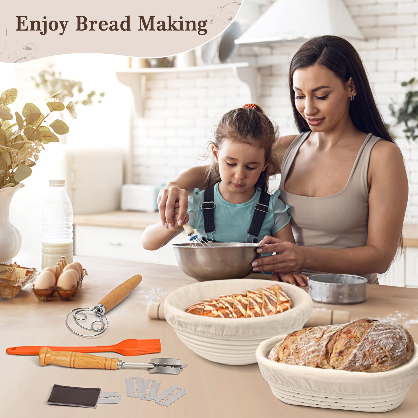 Sourdough Bread Baking Supplies, Bread Making Kit Including 9" Round & 10" Oval Cane Sourdough Baskets Danish Whisk, Bowl & Dough Scrapers, and Linen Liners, Making Baking Fermentation(13 pcs)…