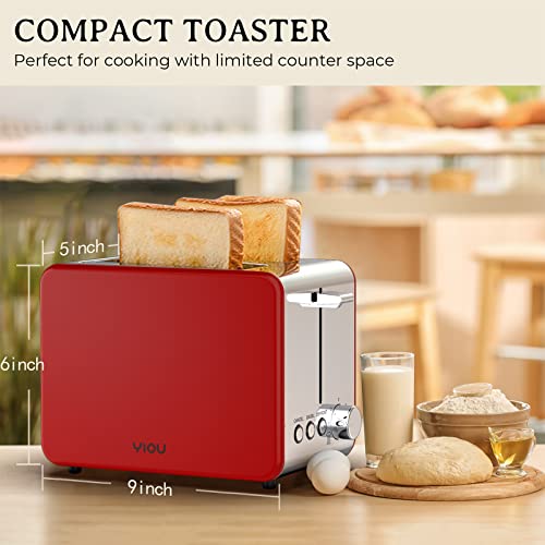 YIOU Toaster 2 Slice with Stainless Steel,1.5 Inch Extra Wide Slots,6 Browning Settings, Bagel Toaster with Reheat Defrost Cancel Function Removable Crumb Tray Easy Cleaning T2S-Metal Red