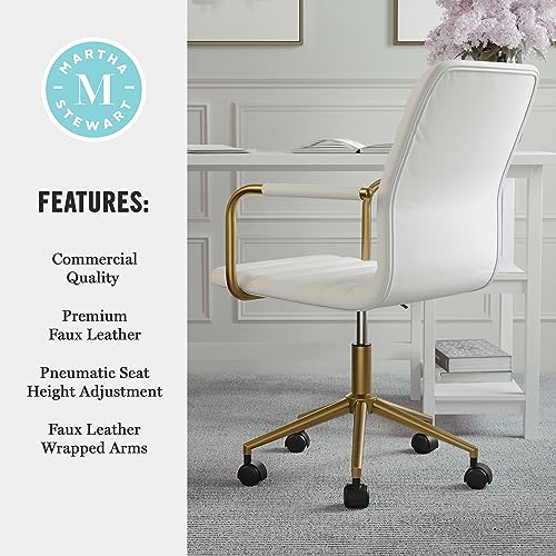 Martha Stewart Taytum Swivel Task Chair with Armrests for Home Office in White Faux Leather with Polished Brass Frame