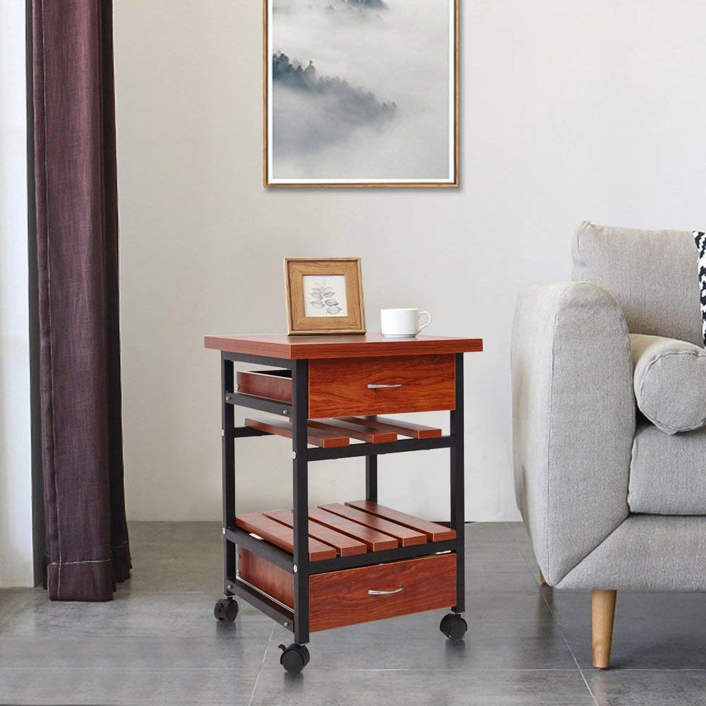 Livebest Rolling Wooden End Table Beside Cabinet,Nightstand Dresser Storage Organizer Unit with 2 Drawers for Bedroom Living Room
