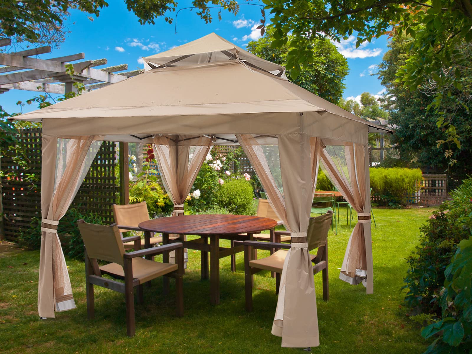 MASTERCANOPY Patio Gazebo Outdoor Pop Up Gazebo with Mesh Walls (13x13, Khaki)