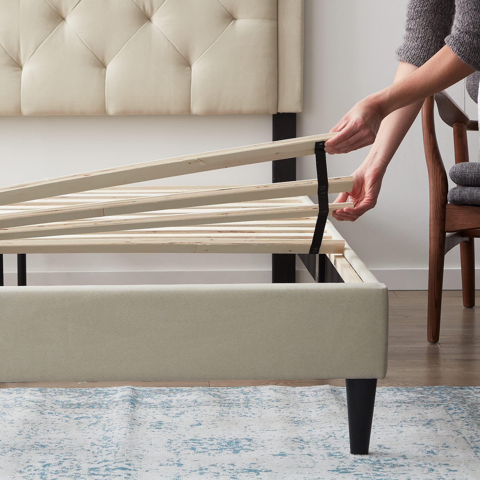 LUCID Upholstered Platform Bed Frame with Headboard– No Box Spring Needed – Queen Size – Pearl
