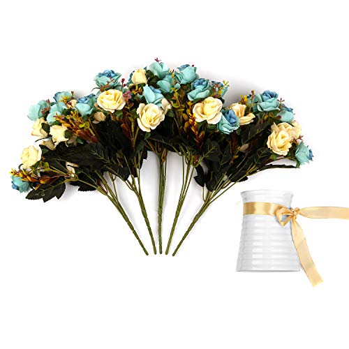 LY EMMET Artificial Rose Bouquets with Ceramics Vase Fake Rose Flowers Decoration for Table Home Office Wedding-Blue