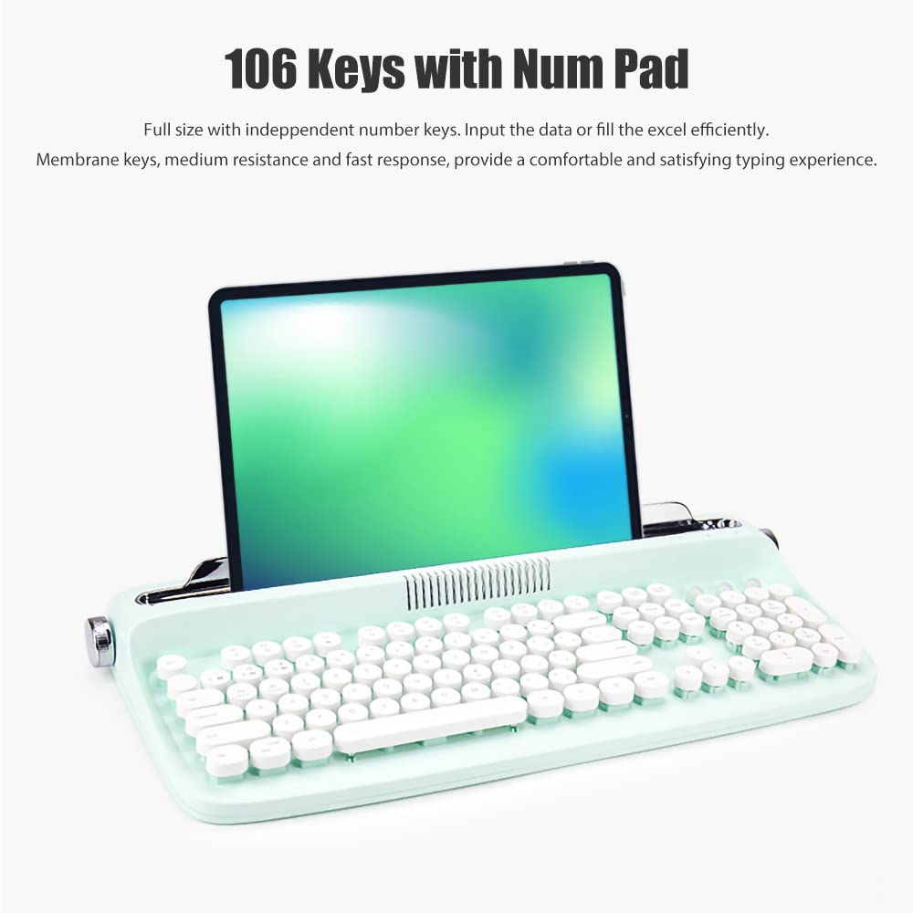 TISHLED Typewriter Keyboard Wireless Bluetooth 5.0 Retro Aesthetic Cute Kawaii Round Keycaps 106-Key with Num Pad Clicky Mechanical Feeling with Phone Holder for Windows/Mac OS/Android/iOS (Mint)