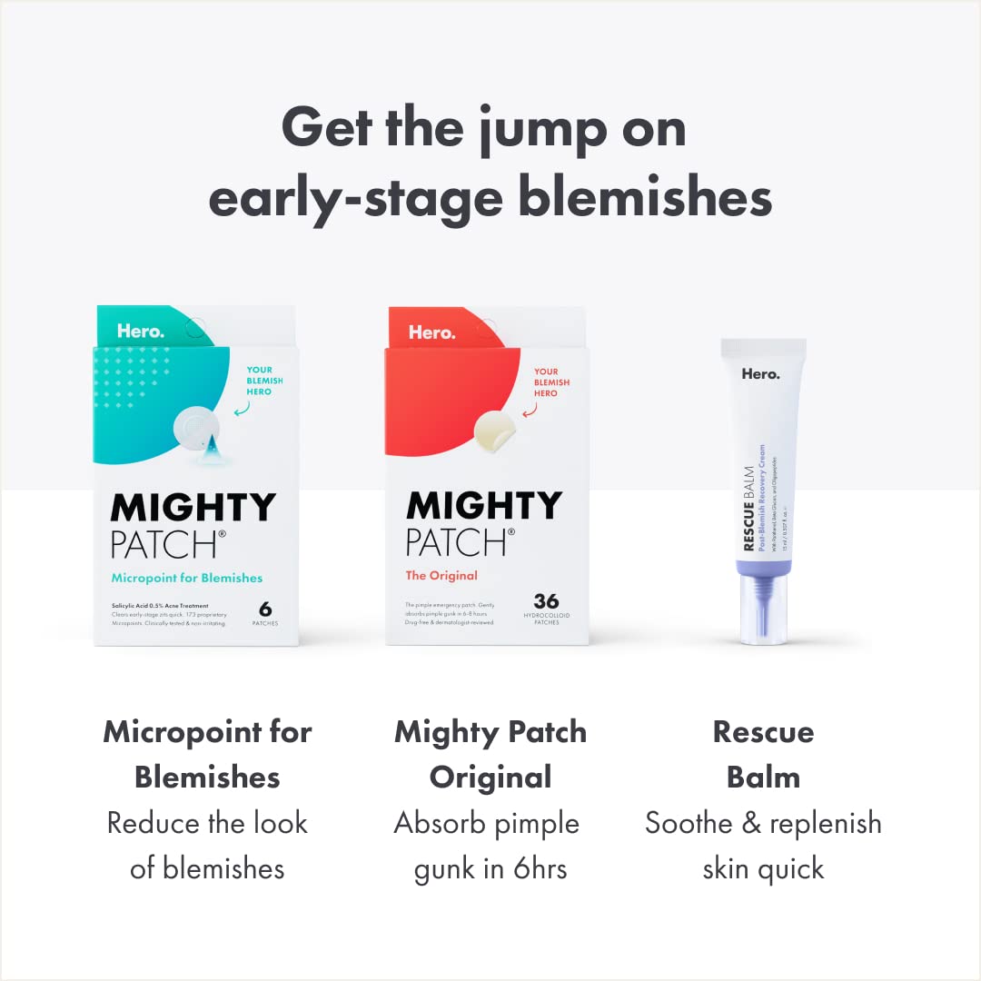 Mighty Patch Micropoint for Blemishes from Hero Cosmetics - Hydrocolloid Acne Spot Treatment Patch for Early Stage Zits and Hidden Pimples, 395 Proprietary Micropoints (6 Patches)