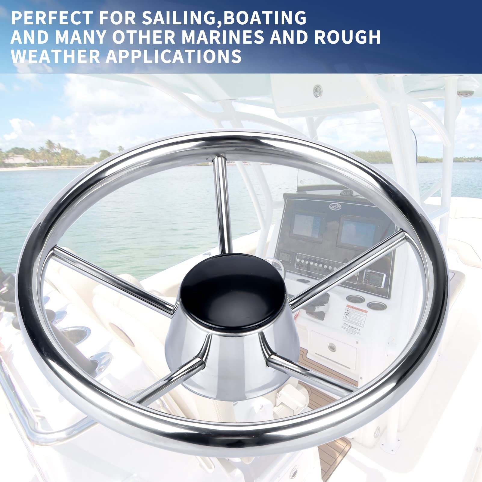 Marinebabay Stainless Boat Steering Wheel, 5-Spoke 11 Inch Destroyer Style Steering For Pontoon Boat Yacht