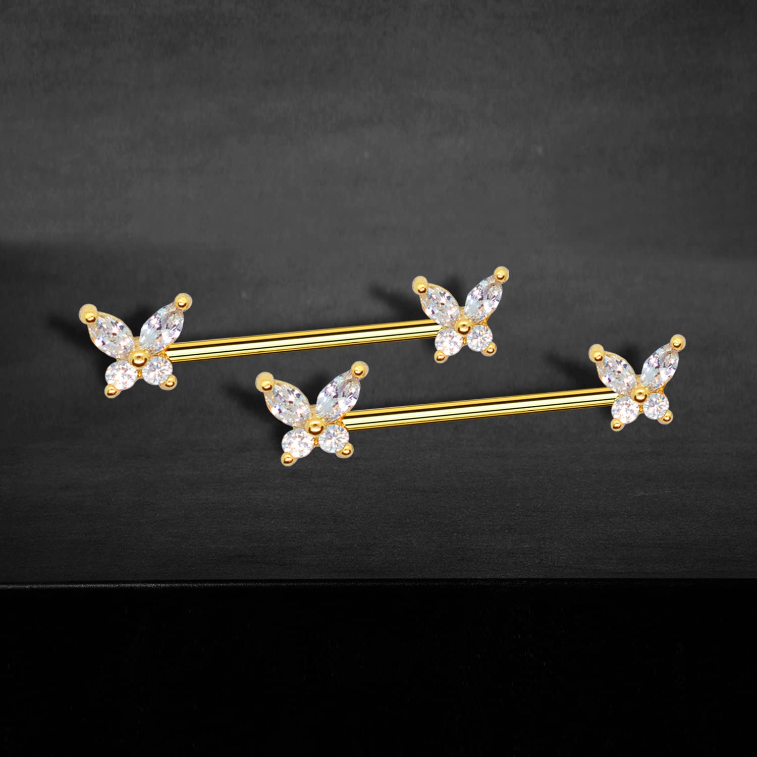 Pierce2GO Pair of Anodized Gold 316L 14G Butterfly Nipple Rings with CZ Stones Piercing Women - 9/16" Barbell