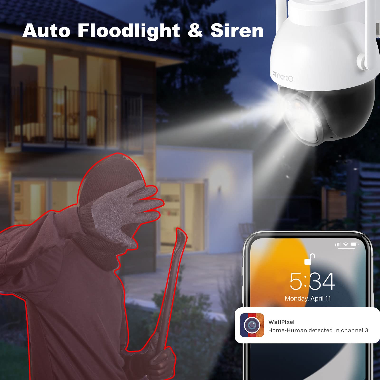 XMARTO 8CH Home Security Camera System Wireless with Human/pet Detection, Smart Flood Lights 2-Way Audio Cameras + 2* Wire-Free PTZ Solar Security Camera, 1TB HDD