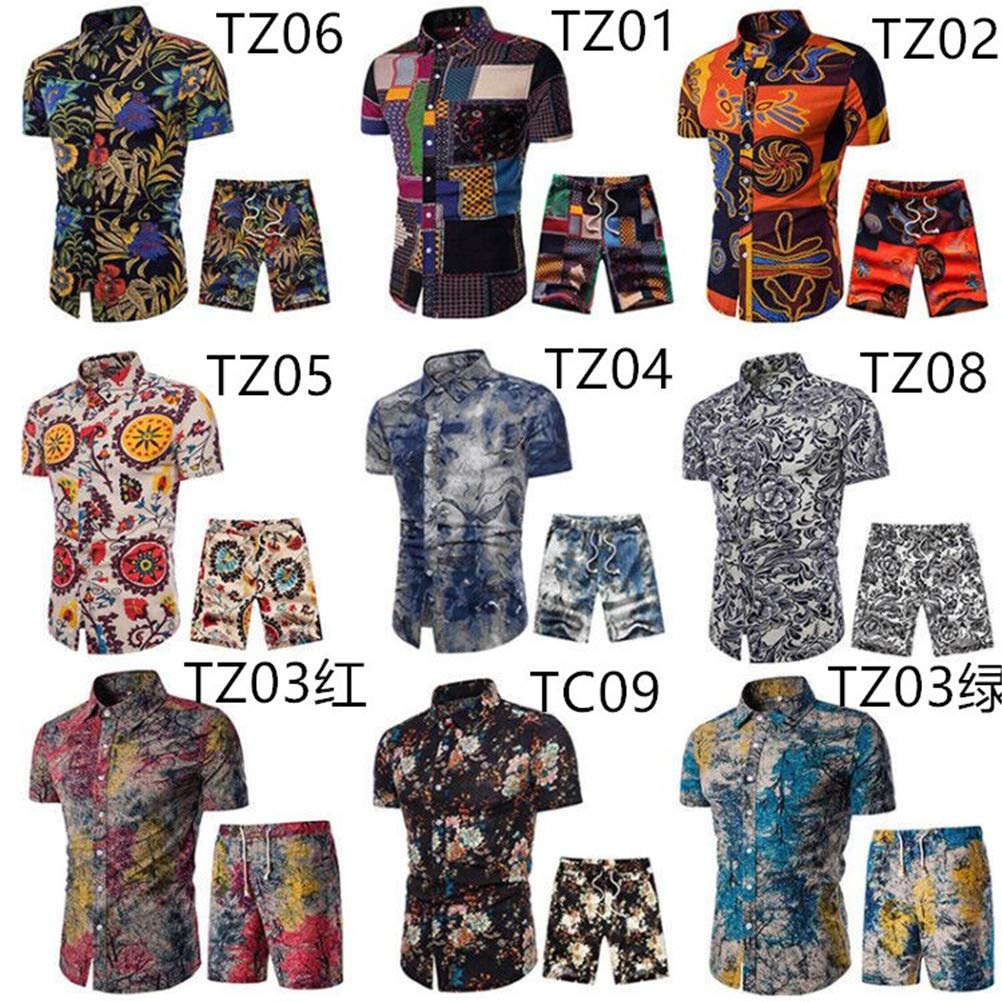 Mens Hawaiian Shorts Sets 2 Piece Tracksuit Casual Button Down Beach Floral Shirts and Shorts Outfits