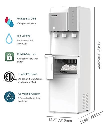 SOOPYK Hot and Cold Water Dispenser with Ice Maker for 5 Gallon Bottle Water Cooler Dispenser Built-in Ice Maker 27 lbs in 24 hrs with Child Safety Lock