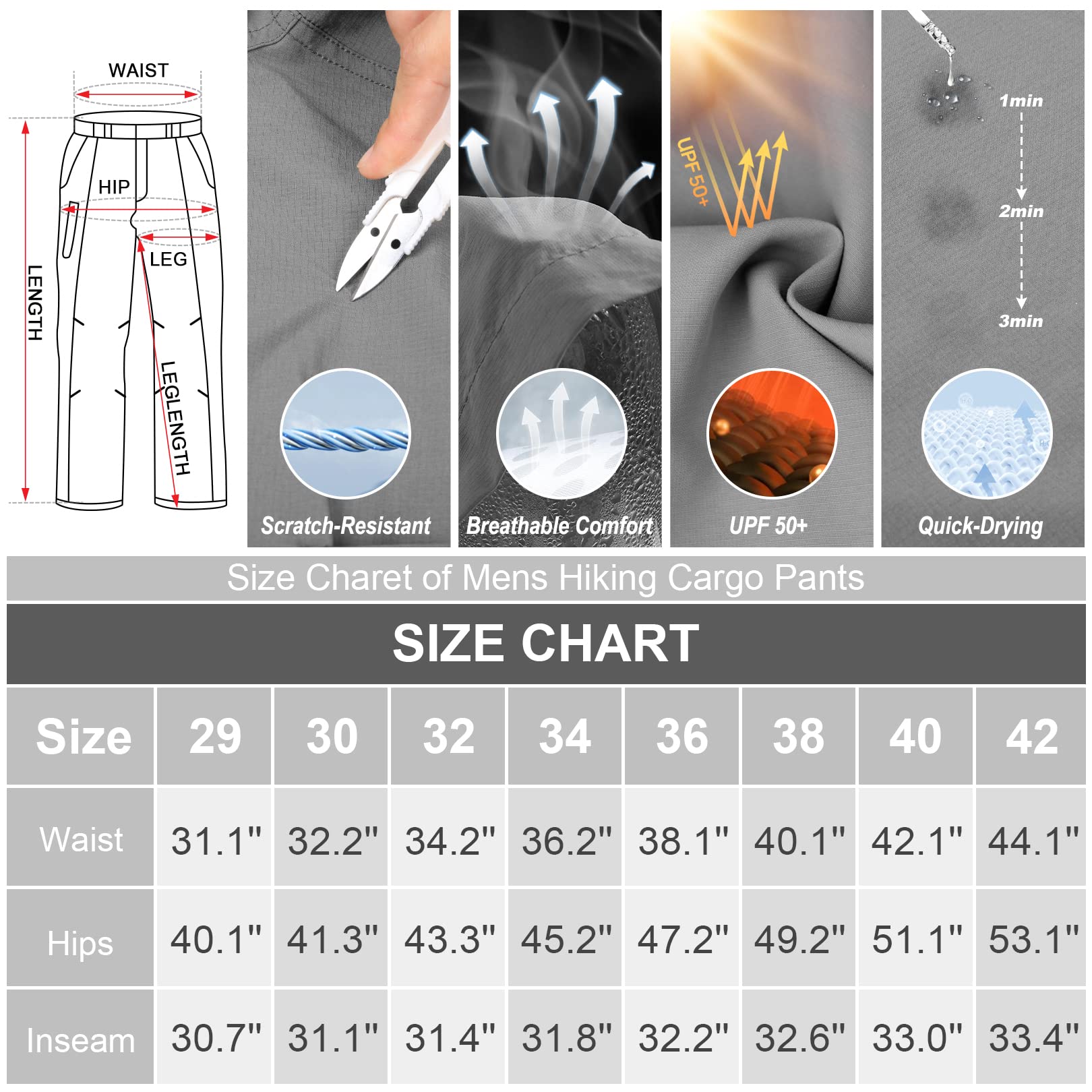 Mens Hiking Pants Quick Dry Lightweight Fishing Pants Convertible Zip Off Cargo Work Pants Trousers #6055,Grey,36