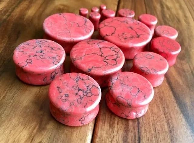 Lobal Domination PAIR of Red Turquoise Organic Stone Plugs Gauges - up to 38mm available! (7/8" (22mm))