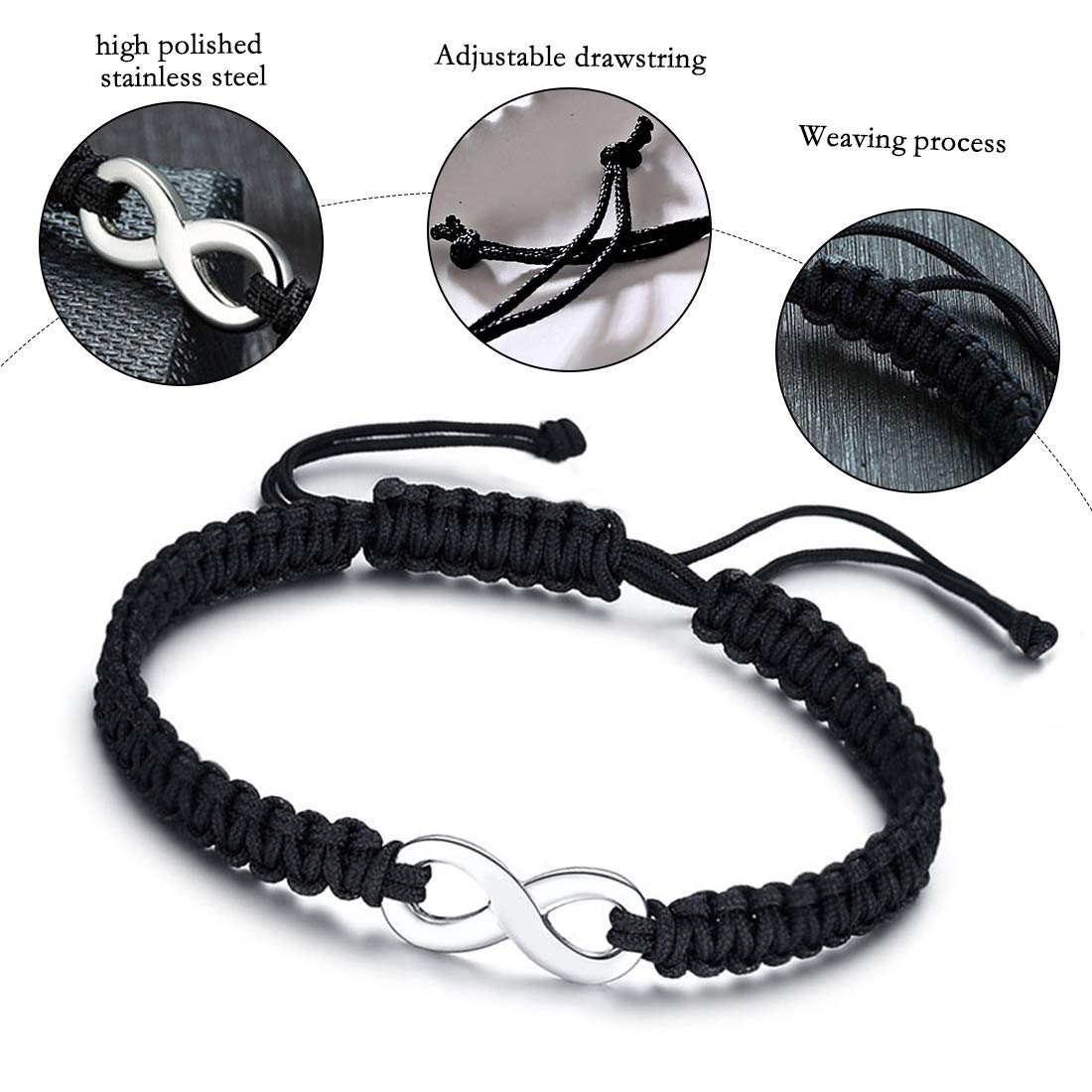 MJartoria Couples Bracelets, Personalized Matching Bracelets for Couples His and Hers, Sign Handmade Rope Braided Rhinestone, Stainless Steel BFF Bracelets for 2 (White)